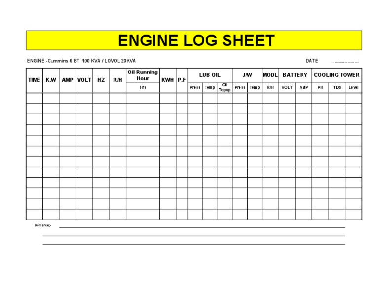 Engine Log Sheet: Oil Running Hour Modl P.F Lub Oil J/W Battery Cooling ...