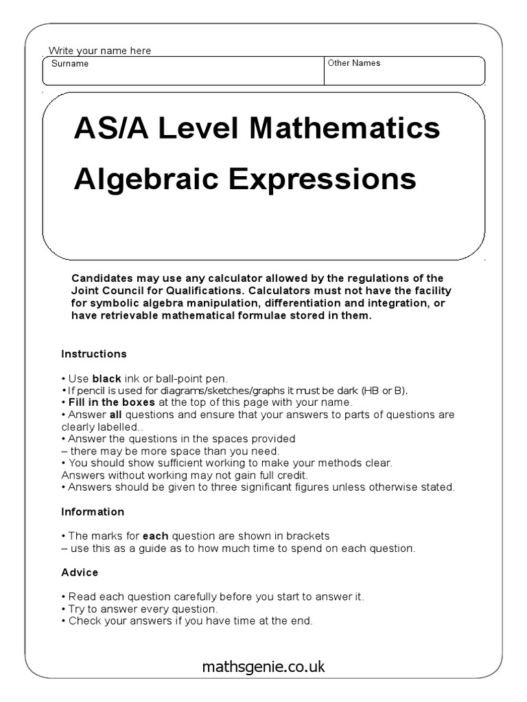 01 Algebraic Expressions - Pure Mathematics | PDF | Factorization ...