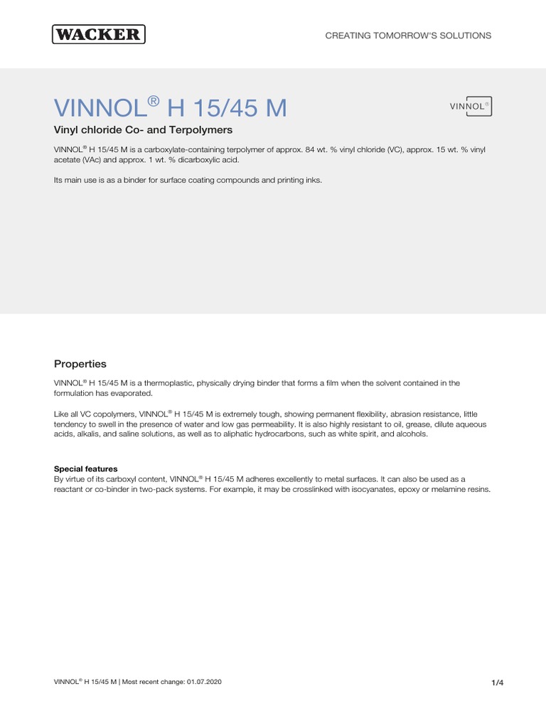 Vinnol H 15/45 M: Vinyl Chloride Co-And Terpolymers | PDF | Epoxy | Polyvinyl Chloride