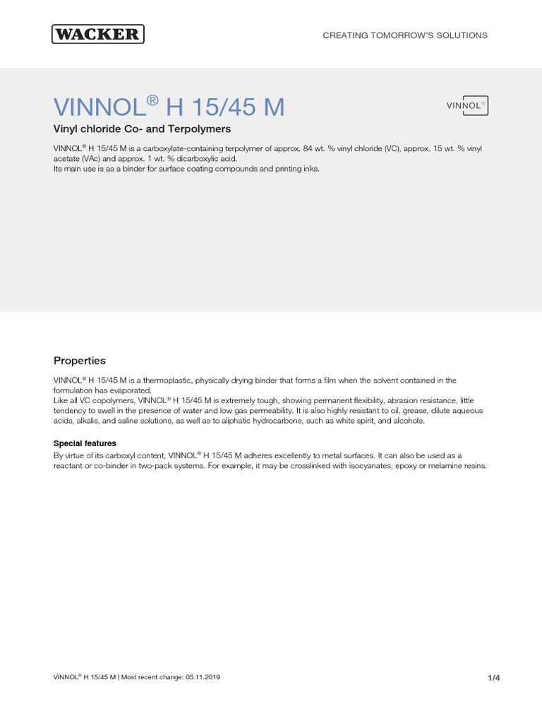 Vinnol H 15/45 M: Vinyl Chloride Co-And Terpolymers | PDF | Epoxy | Polyvinyl Chloride