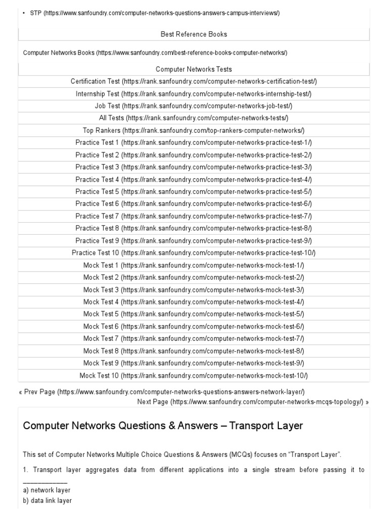 Transport Layer MCQs & Answers | PDF | Transmission Control Protocol ...