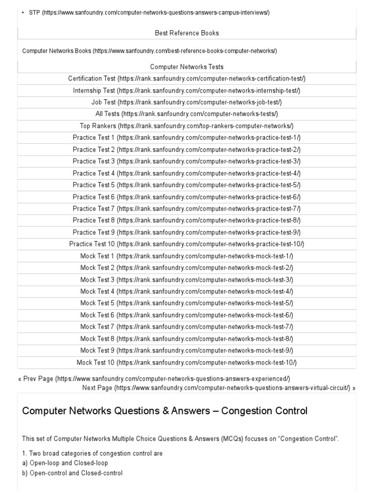 Congestion Control - Computer Networks Questions & Answers - Sanfoundry | PDF | Network ...