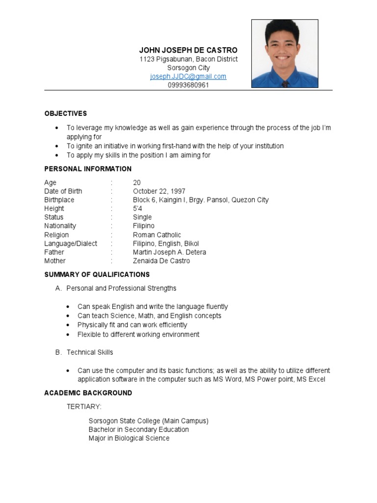 John Joseph De Castro Resume | PDF | Teachers | Human Nature