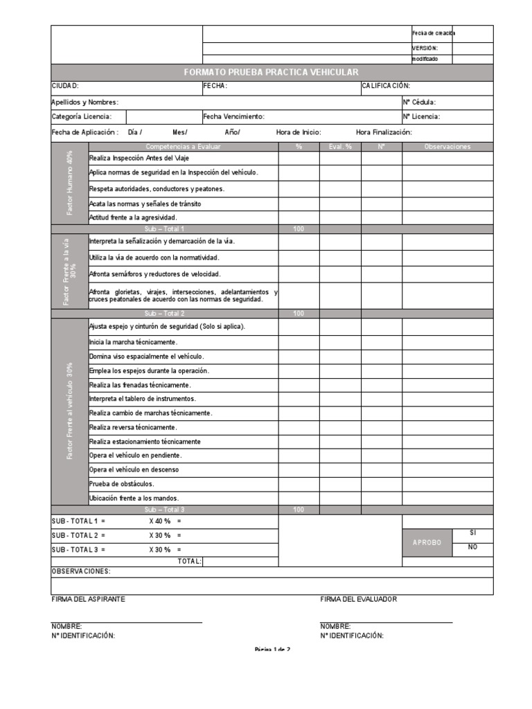 Formato Prueba Practica Conduccion | PDF | Semáforo | Transporte de tierra