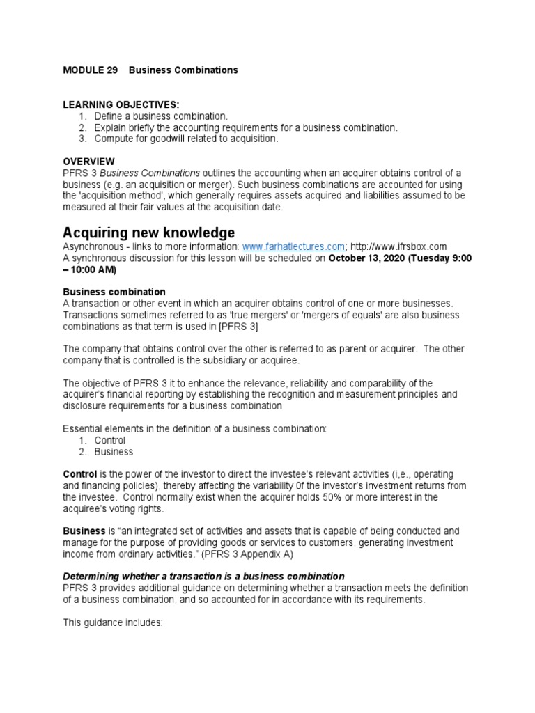 MODULE 29 Business Combinations | PDF | Goodwill (Accounting) | Mergers ...