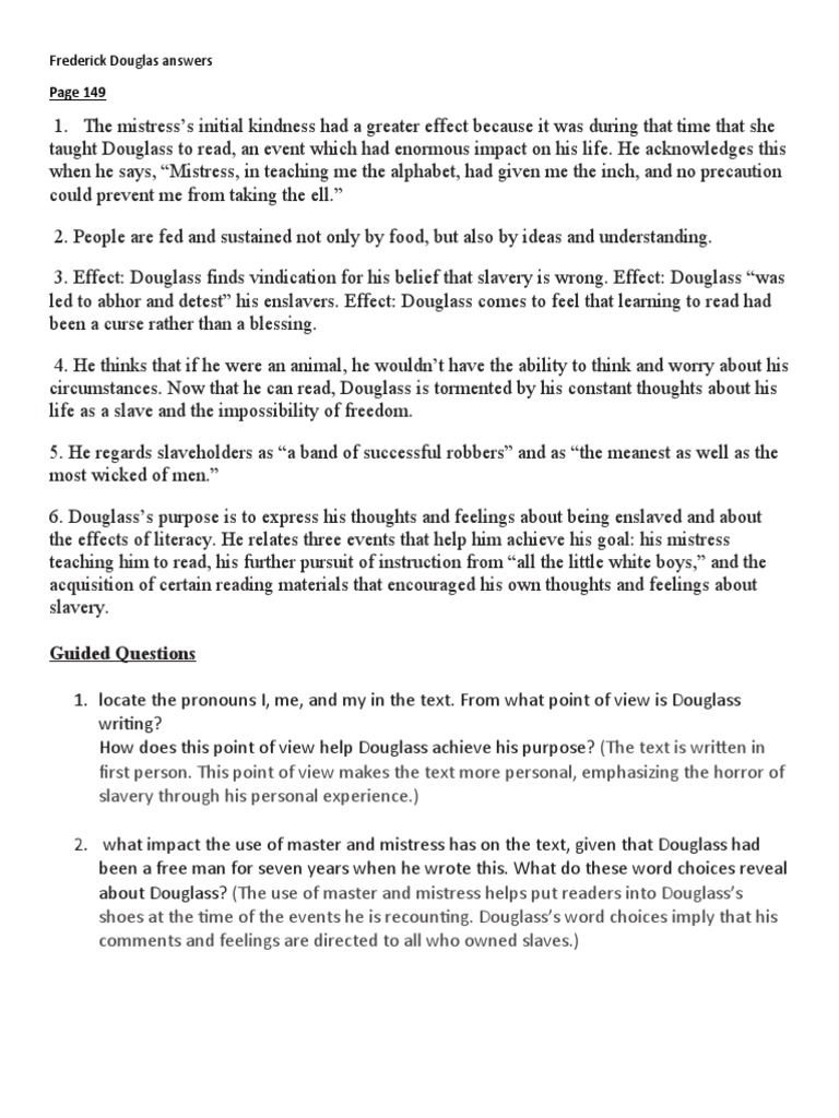 Guided Questions: Frederick Douglas Answers | PDF | Frederick Douglass ...