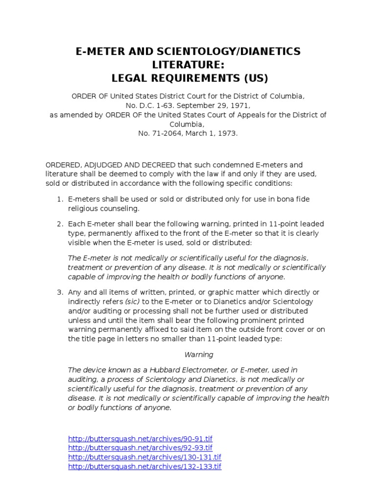 Court Order - FDA - Scientology Dianetics Hubbard E-Meter | PDF