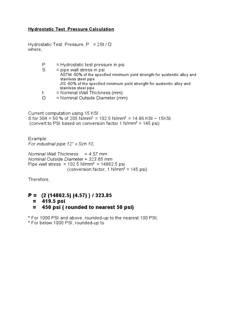 Hydrostatic Test Pressure Calculation Guide | PDF | Pounds Per Square ...