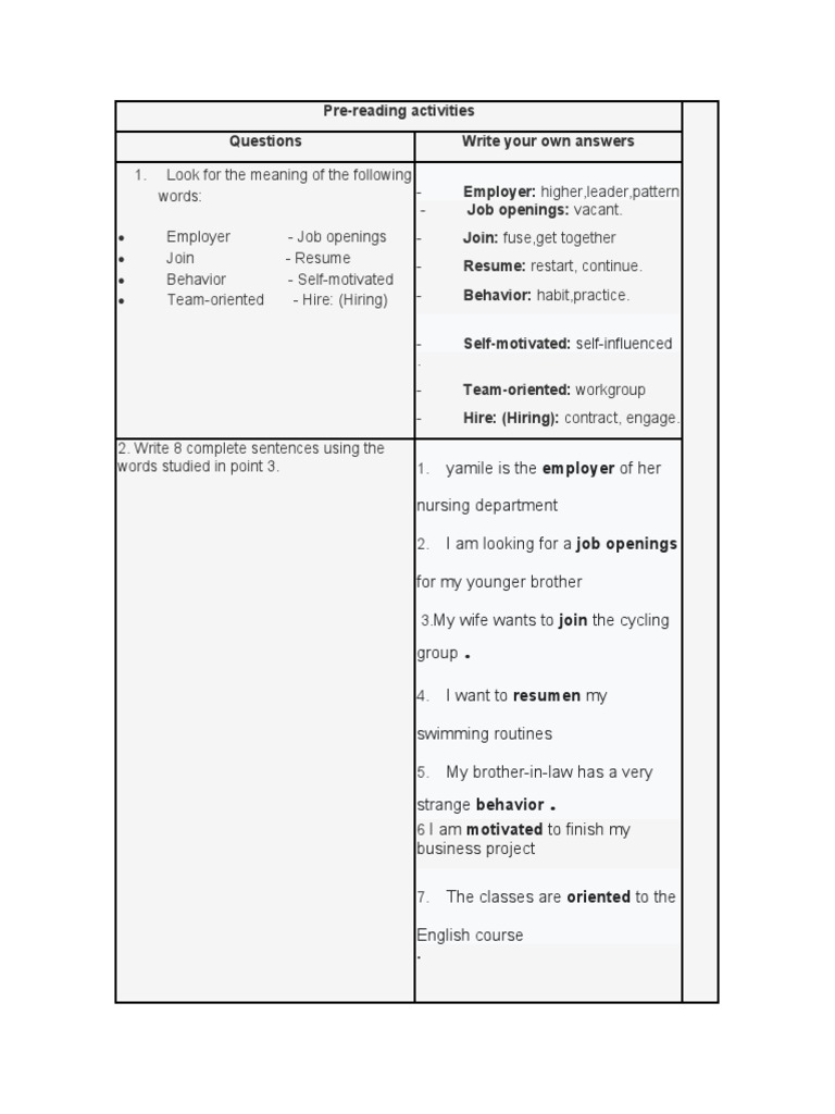Pre-Reading Activities Questions Write Your Own Answers: Self ...