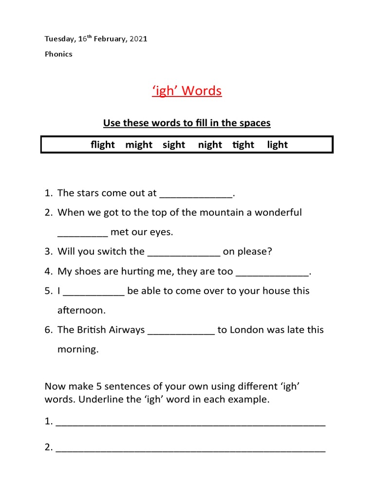 'igh' Phonics Worksheet for Kids | PDF | Career & Growth