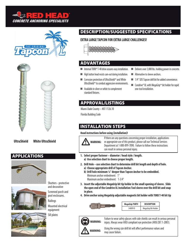 Description/Suggested Specifications: Extra Large Tapcon For Extra ...