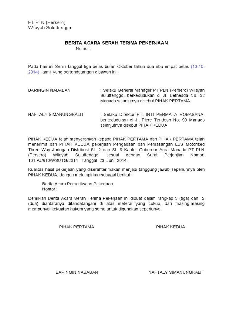 Ba Serah Terima Pekerjaan Contoh | PDF
