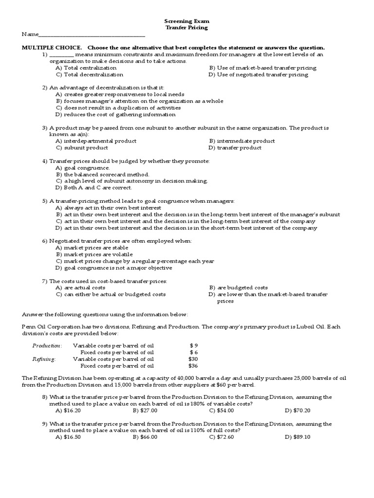 Transfer Pricing Screening Exam | PDF | Prices | Cost