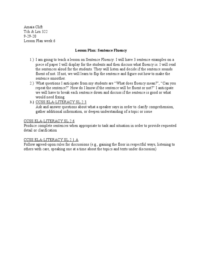 Sentence Fluency Lesson Plan | PDF | Language Arts & Discipline