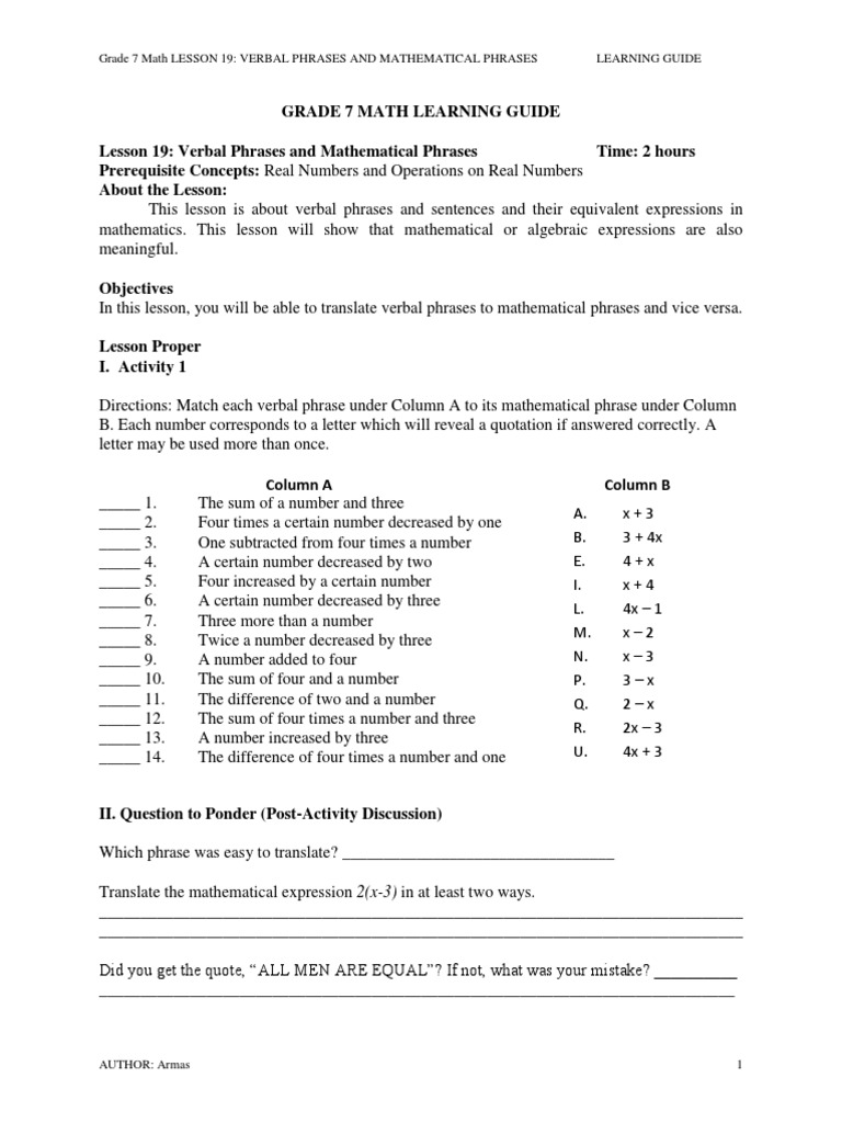 Grade 7 Math Lesson 19: Verbal Phrases and Mathematical Phrases ...