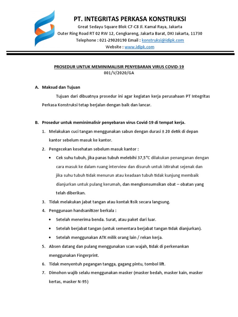 Prosedur COVID-19 PT Integritas | PDF
