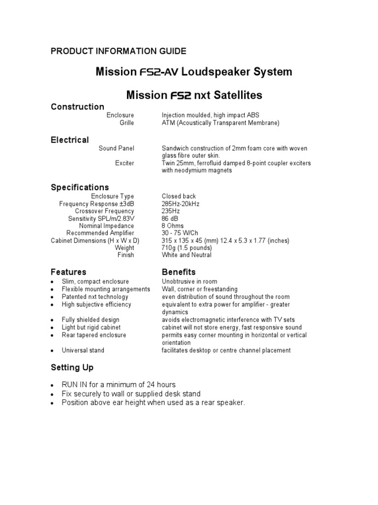 Mission Loudspeaker System Mission NXT Satellites: FS2-AV FS2 | PDF ...