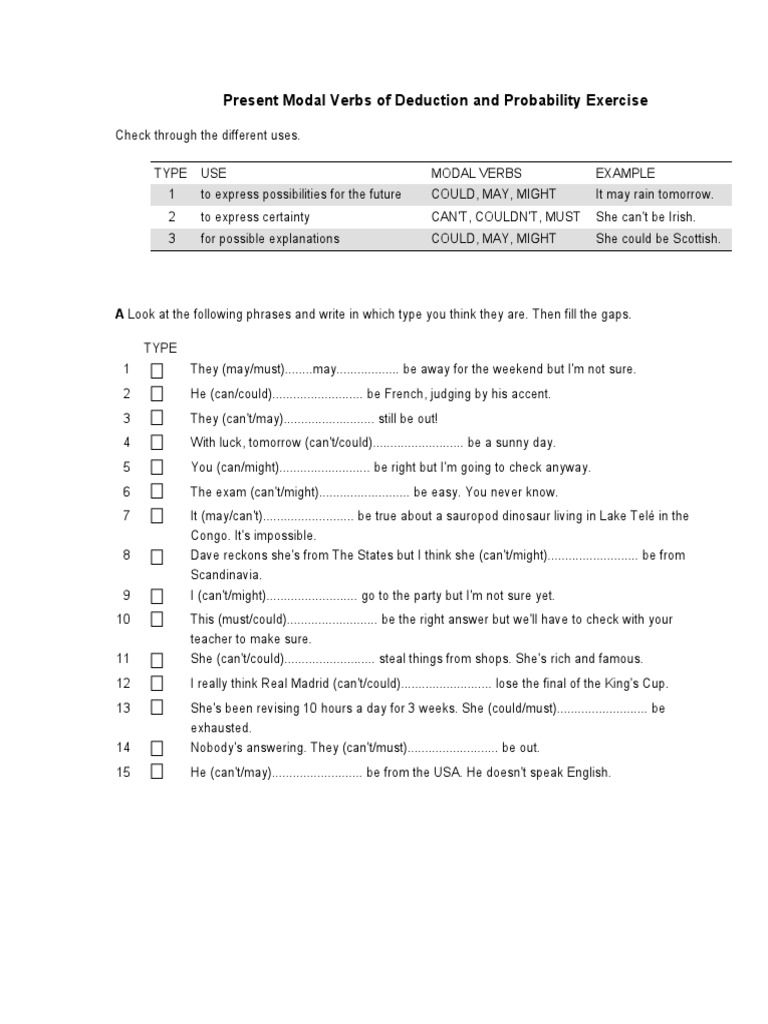 Present Modal Verbs of Deduction and Probability Exercise | PDF