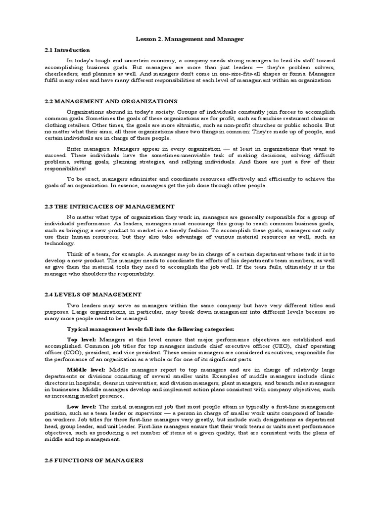 Lesson 2. Management and Manager | PDF | Human Resources | Goal