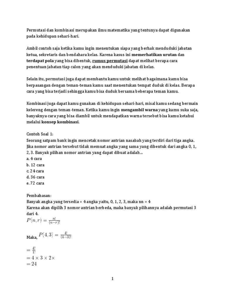 Permutasi Kombinasi Peluang | PDF | Metode & Bahan Ajar