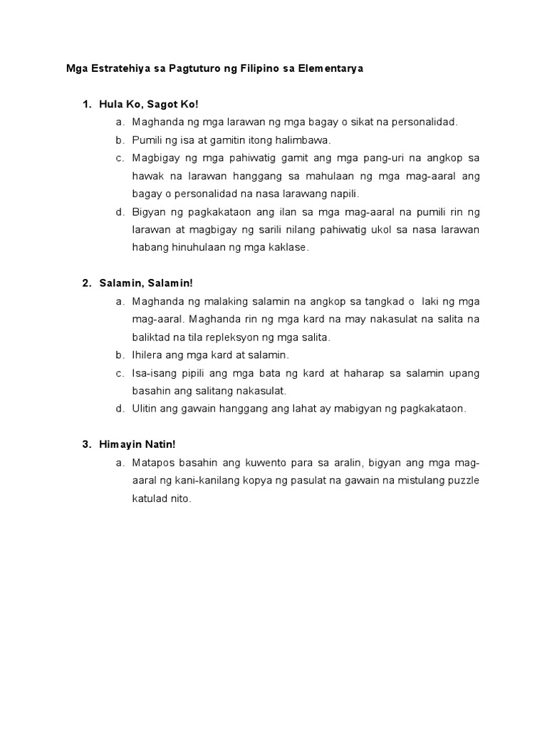 Mga Estratehiya Sa Pagtuturo NG Filipino Sa Elementarya | PDF
