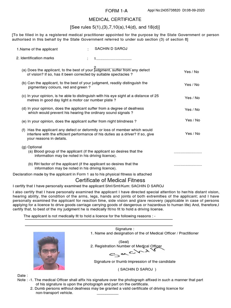 Form 1-A: Certificate of Medical Fitness | PDF | Driver's License | License