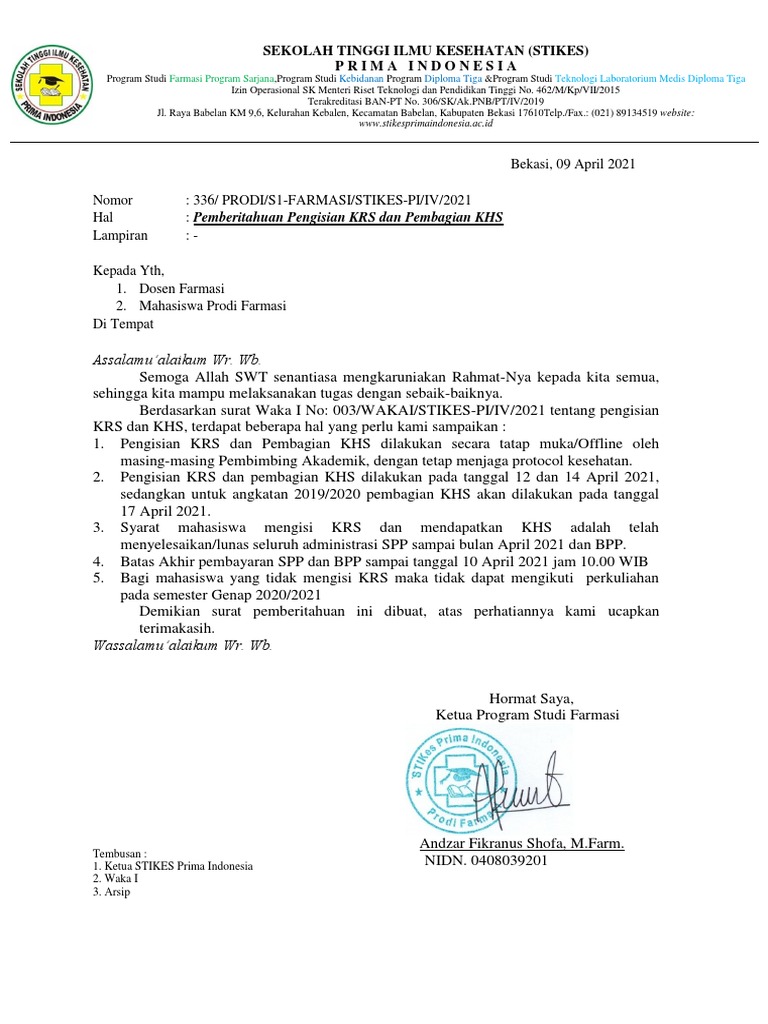 Surat Pemberitahuan Pengisian KRS Dan KHS | PDF