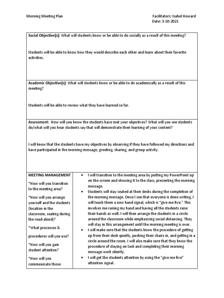 Morning Meeting Planning Template Isabel Howard | PDF | Classroom ...