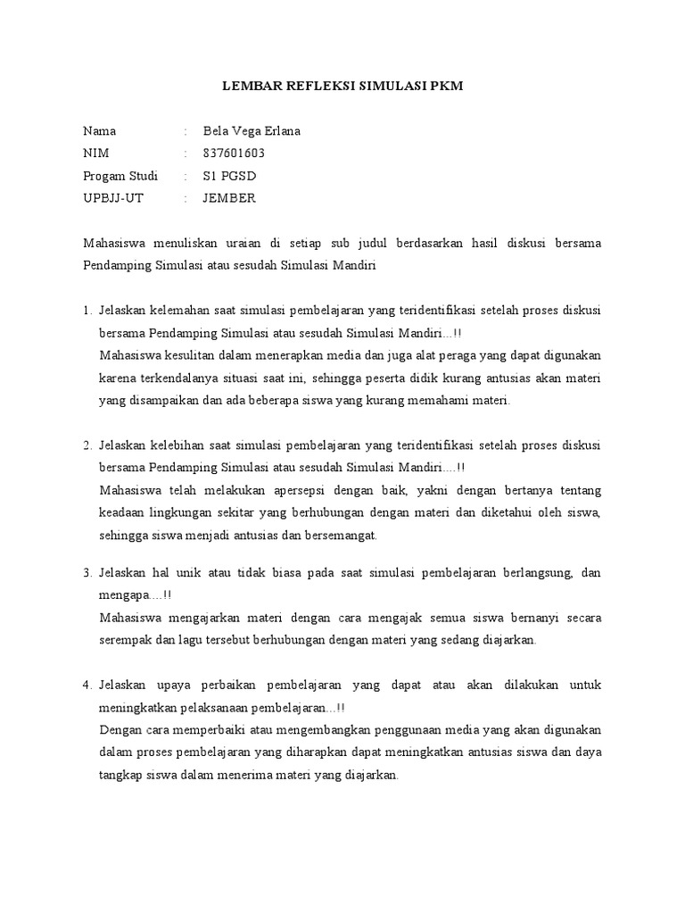 Refleksi Simulasi Pembelajaran PKM | PDF