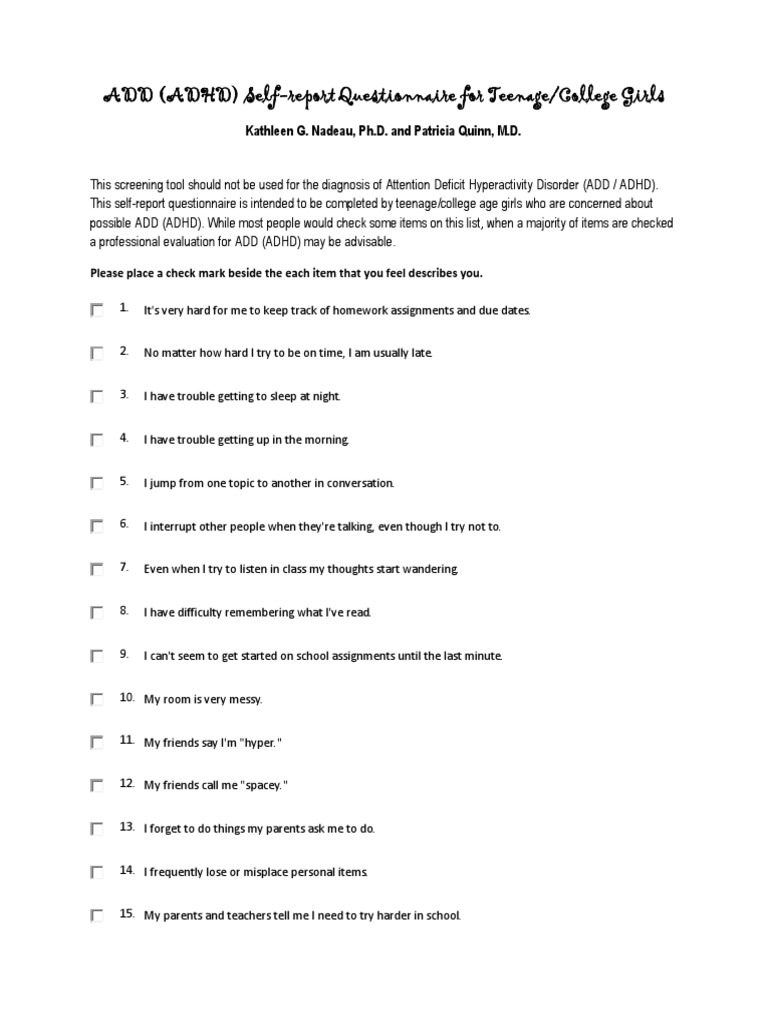 ADD (ADHD) Self-Report Questionnaire For Teenage/College Girls | PDF ...
