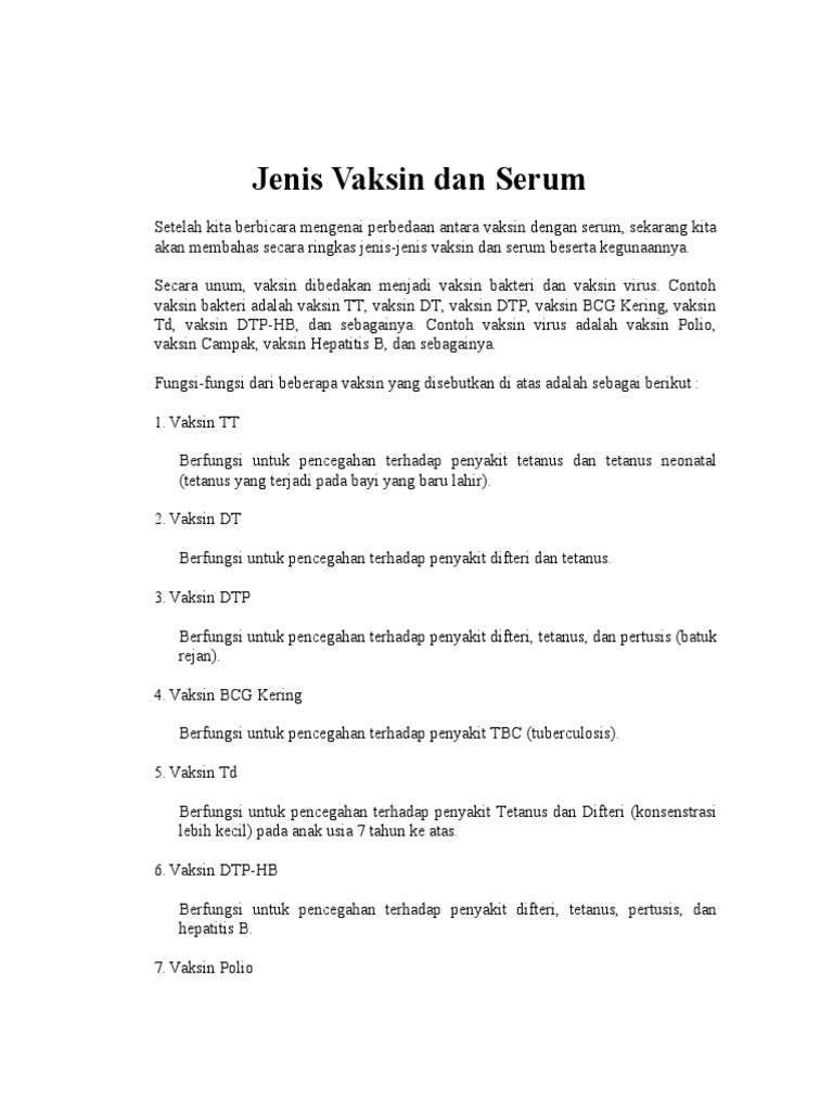 Jenis Vaksin dan Serum: Fungsi dan Contoh | PDF | Kesehatan Holistik