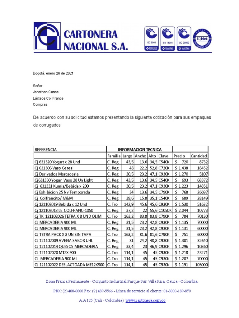 CARTA COTIZACION 2021.doc - Cartonera Nacional | PDF