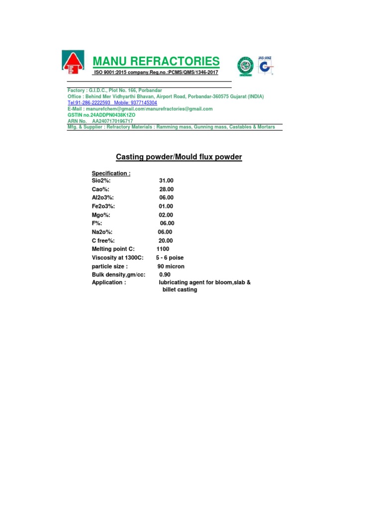 Manu Refractories: Casting Powder/mould Flux Powder | PDF
