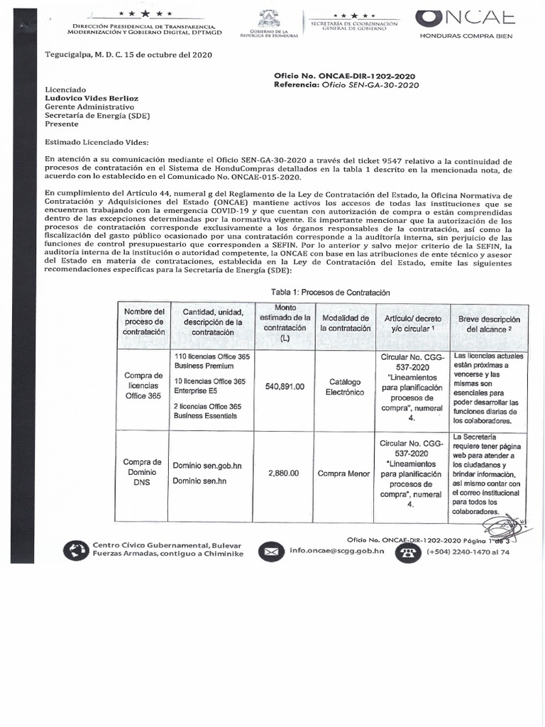 ONCAE-DIR-1202-2020 Recomendacion SECRETARIA DE ENERGIA Proceso Compras ...