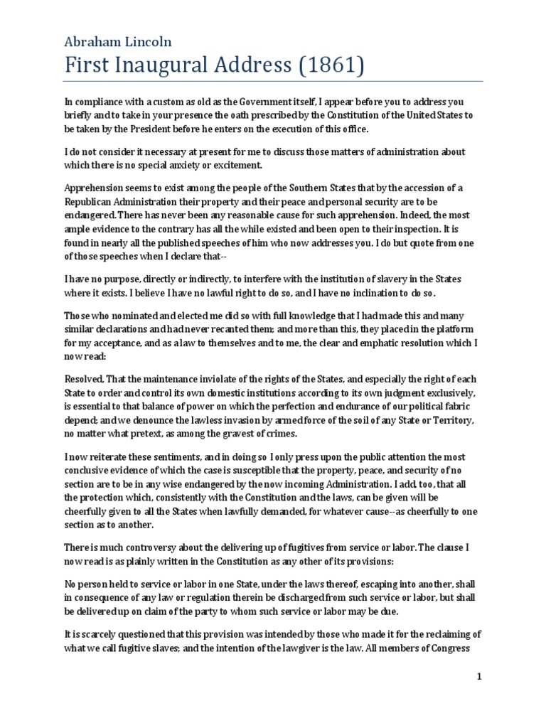 1861 Lincoln First Inaugural Address | PDF | Secession In The United ...