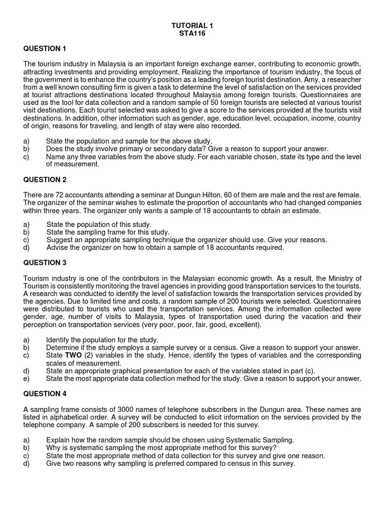 STA116 Tutorial 1 Descriptive Statistics (Part 1) | PDF | Survey Methodology | Sampling (Statistics)