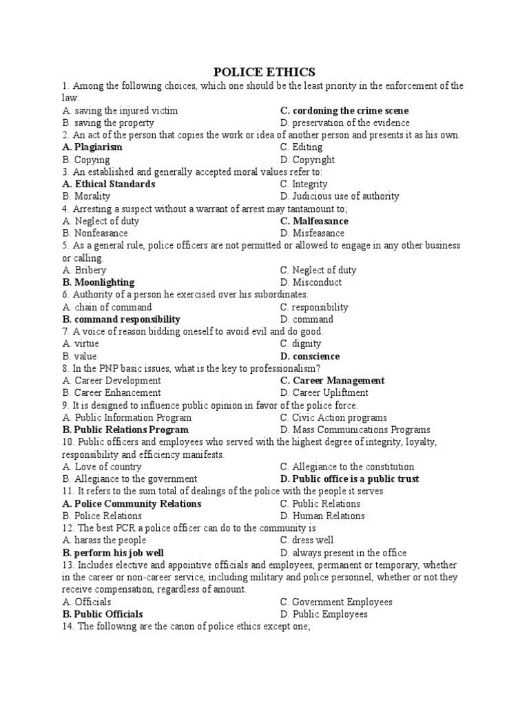 POLICE ETHICS Pre and Post Test | PDF | Morality | Utilitarianism