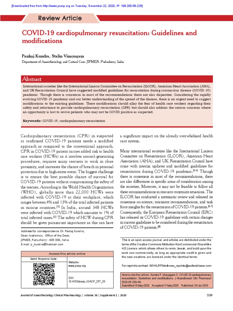 Guidelines for Modified Cardiopulmonary Resuscitation (CPR) During the ...
