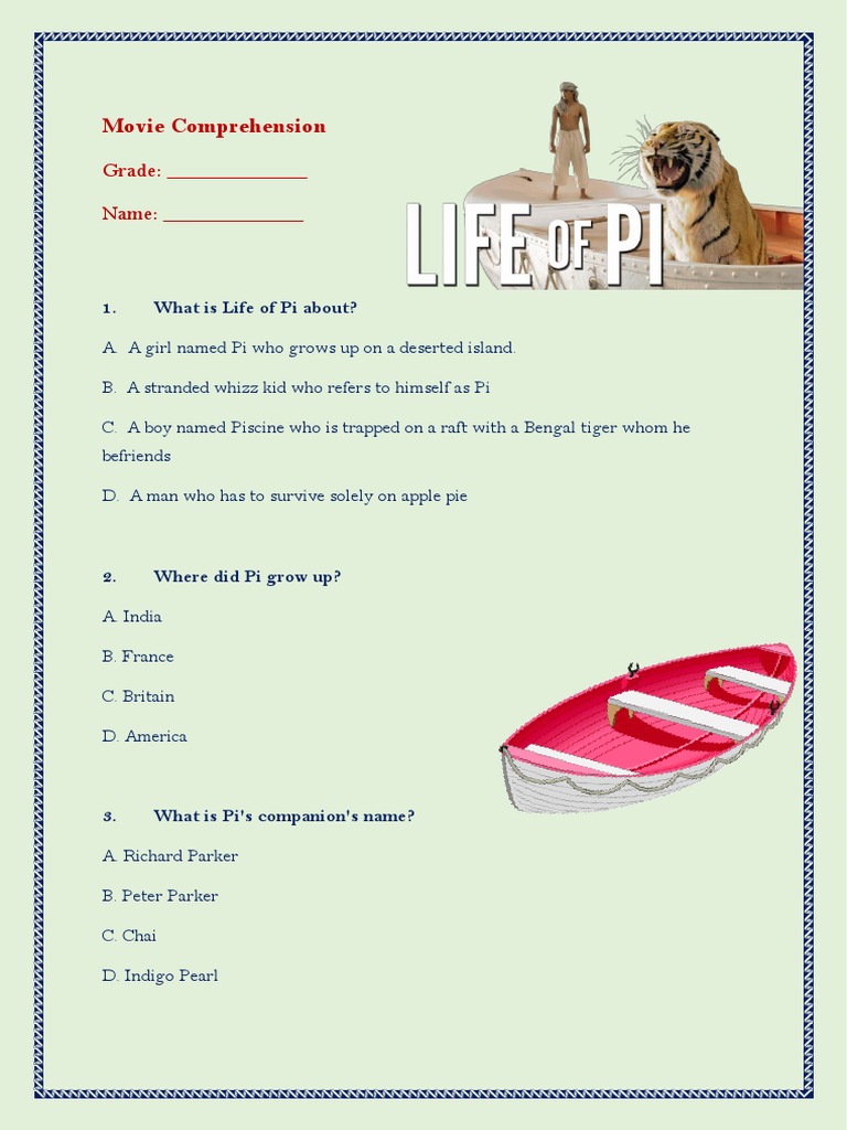 Life of Pi Movie Quiz and Comprehension | PDF