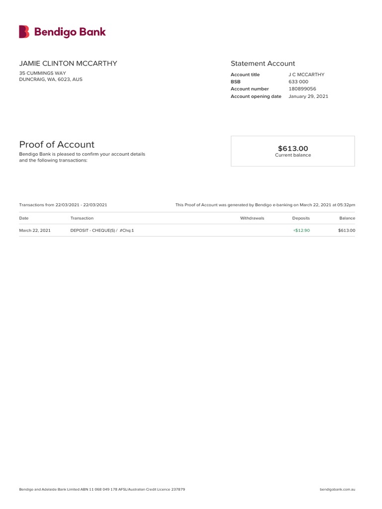 Proof of Account: Jamie Clinton Mccarthy Statement Account | PDF ...