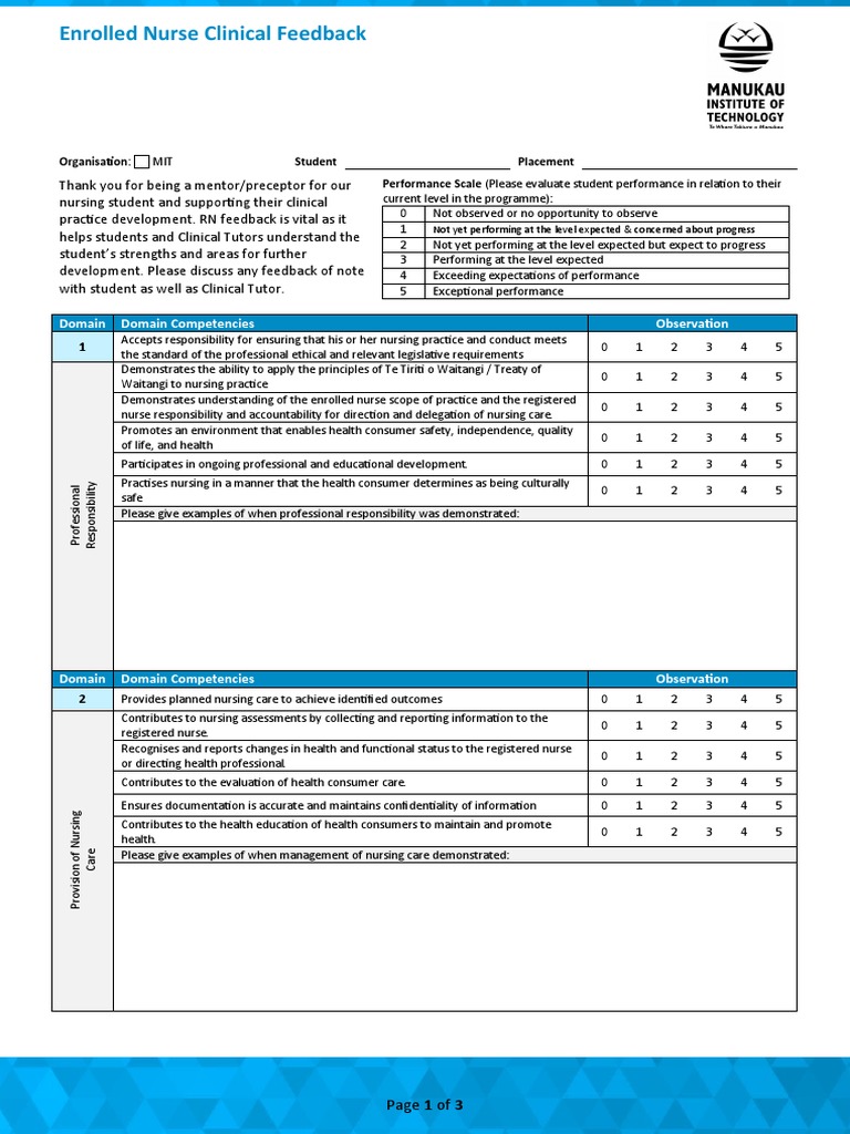 Enrolled Nurse Clinical Preceptor Feedback Form | PDF | Nursing ...