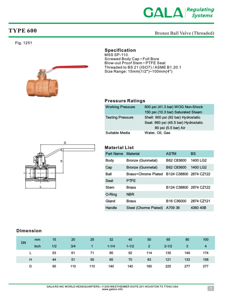1gala - 1251 - Bronze Ball Valve | PDF | Valve | Tools