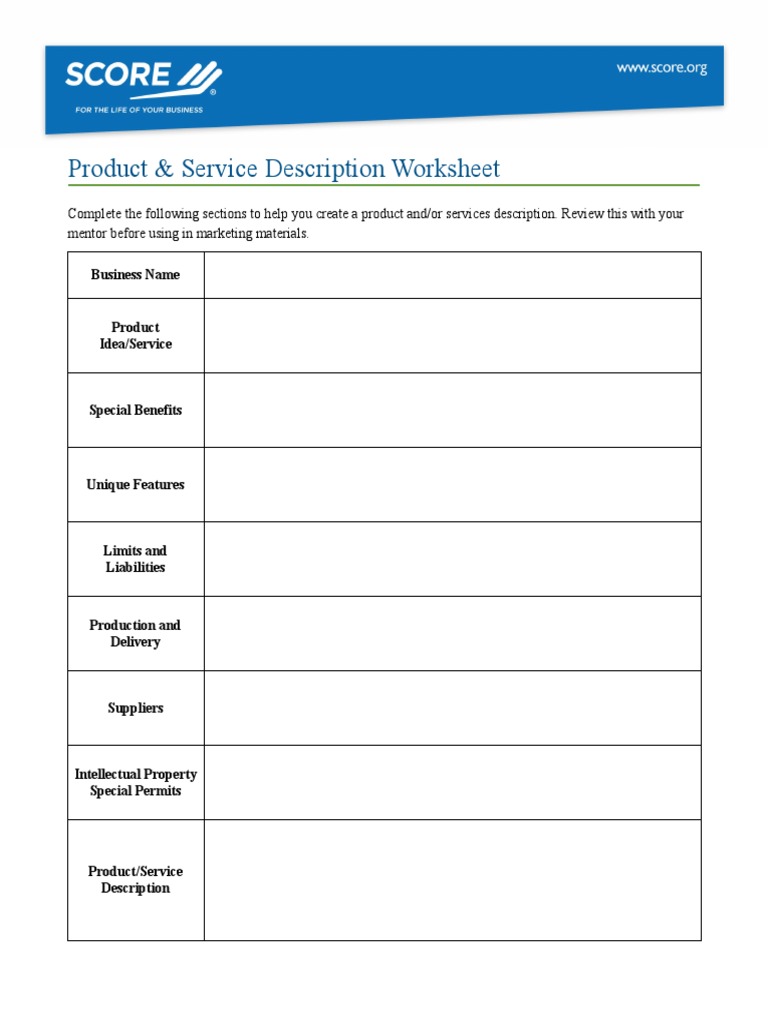 Product & Service Description Worksheet | PDF