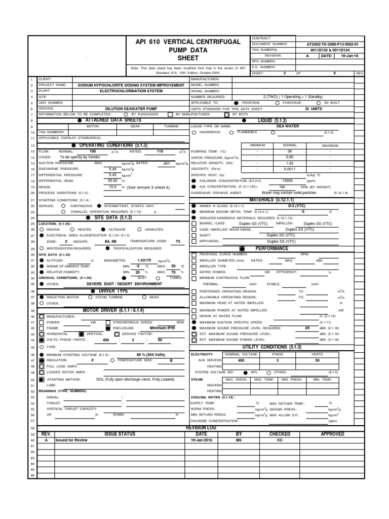 API 610 Vertical Centrifugal Pump Data | PDF | Pipe (Fluid Conveyance ...