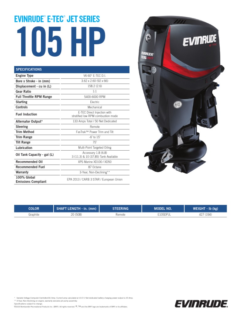 Evinrude E-Tec Jet Series: Specifications | PDF | Horsepower | Engine Technology