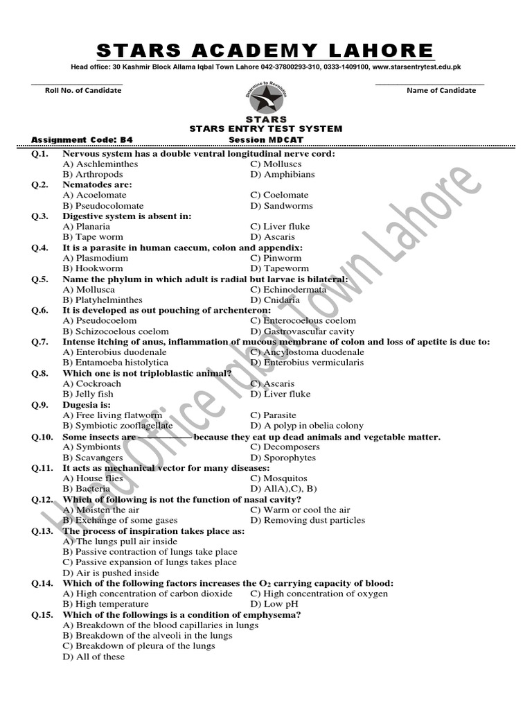 Stars Academy Lahore: Stars Entry Test System | PDF | Lung | Breathing