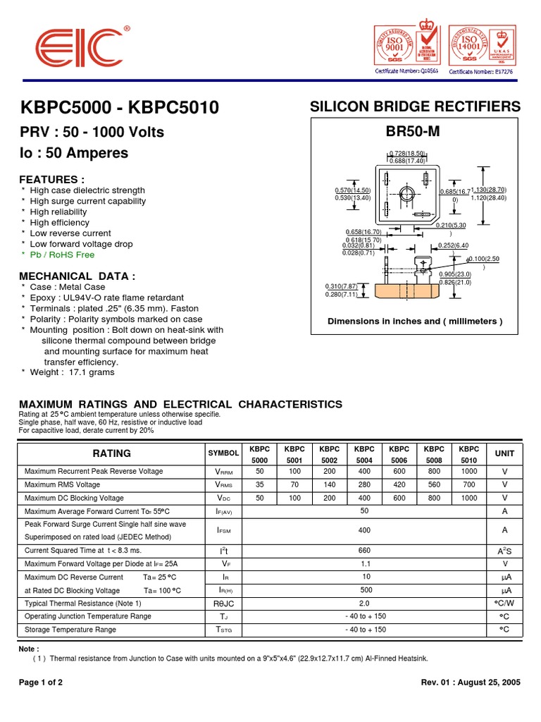 KBPC5000 - KBPC5010: Silicon Bridge Rectifiers BR50-M | PDF | Diode ...