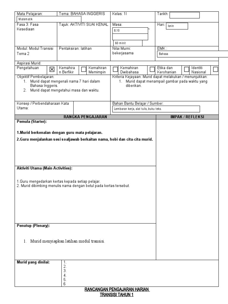 Contoh RPH Transisi | PDF