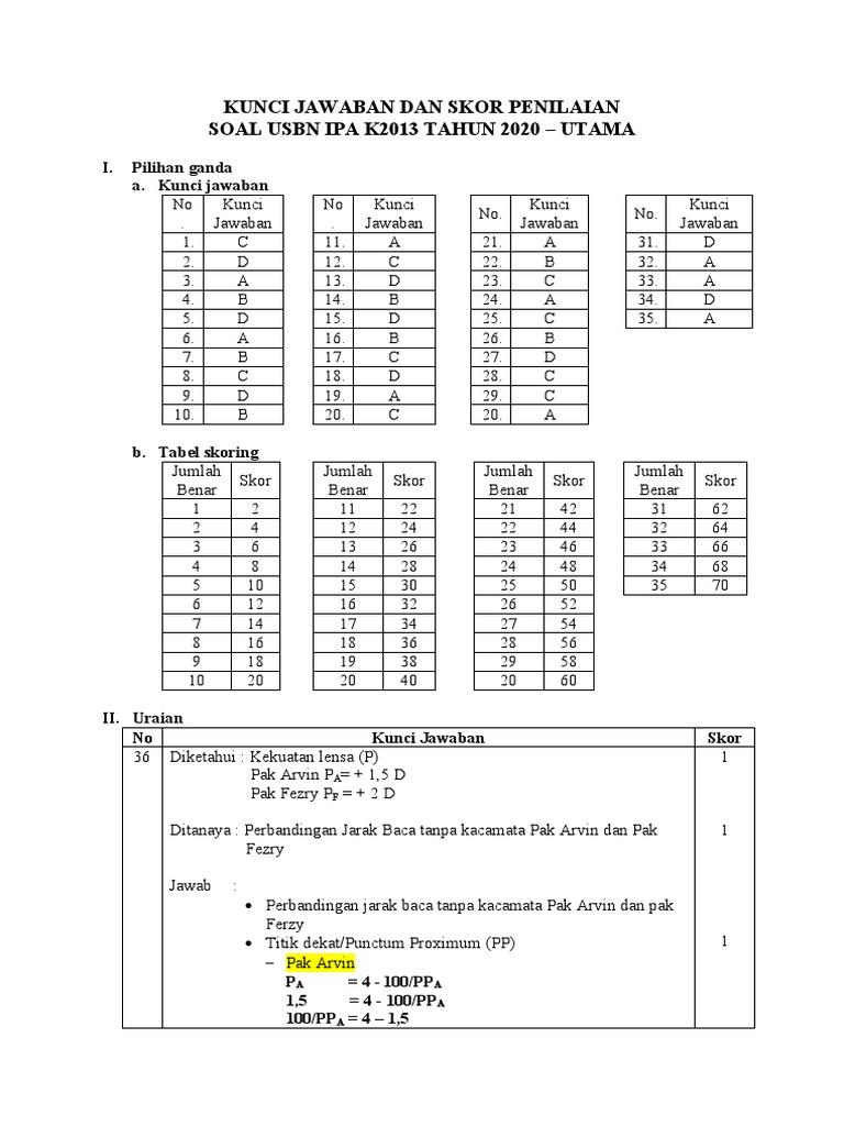 1@utama@kunci Jawaban Usbn Ipa K2013 2020 | PDF