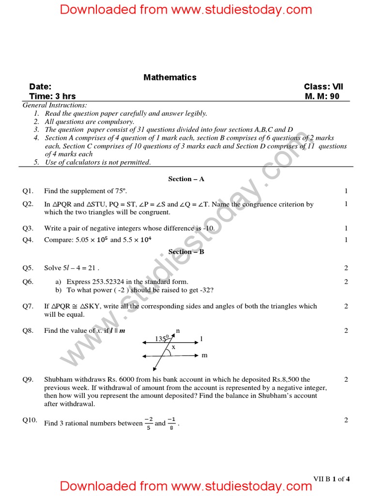 CBSE Class 7 Mathematics Question Paper Set E - 0 | Download Free PDF | Triangle | Space